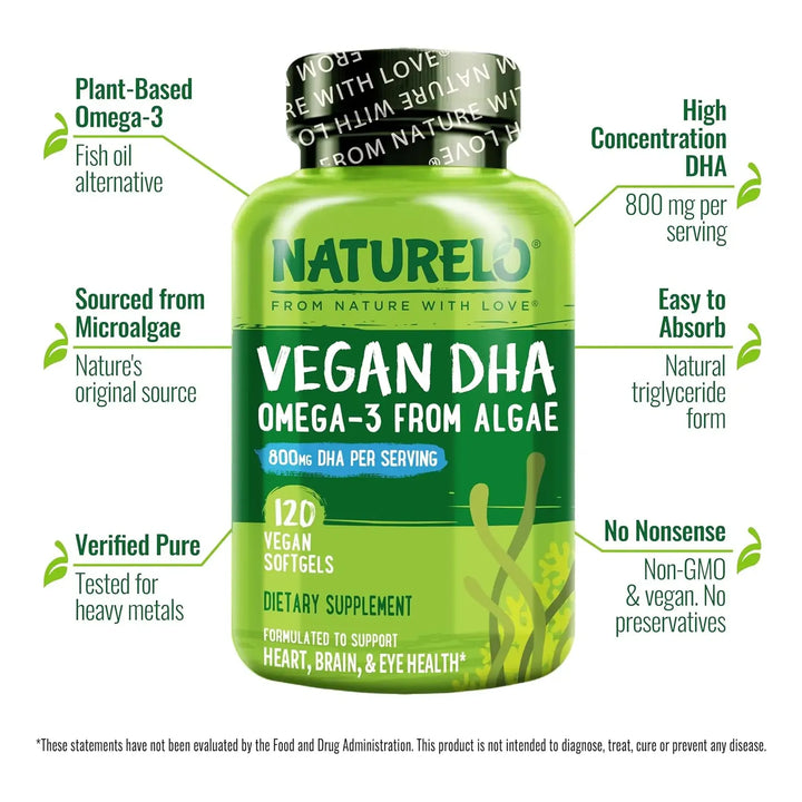 Naturelo DHA Vegano Omega 3 De Algas 120 Cápsulas Para Cerebro Corazón ...