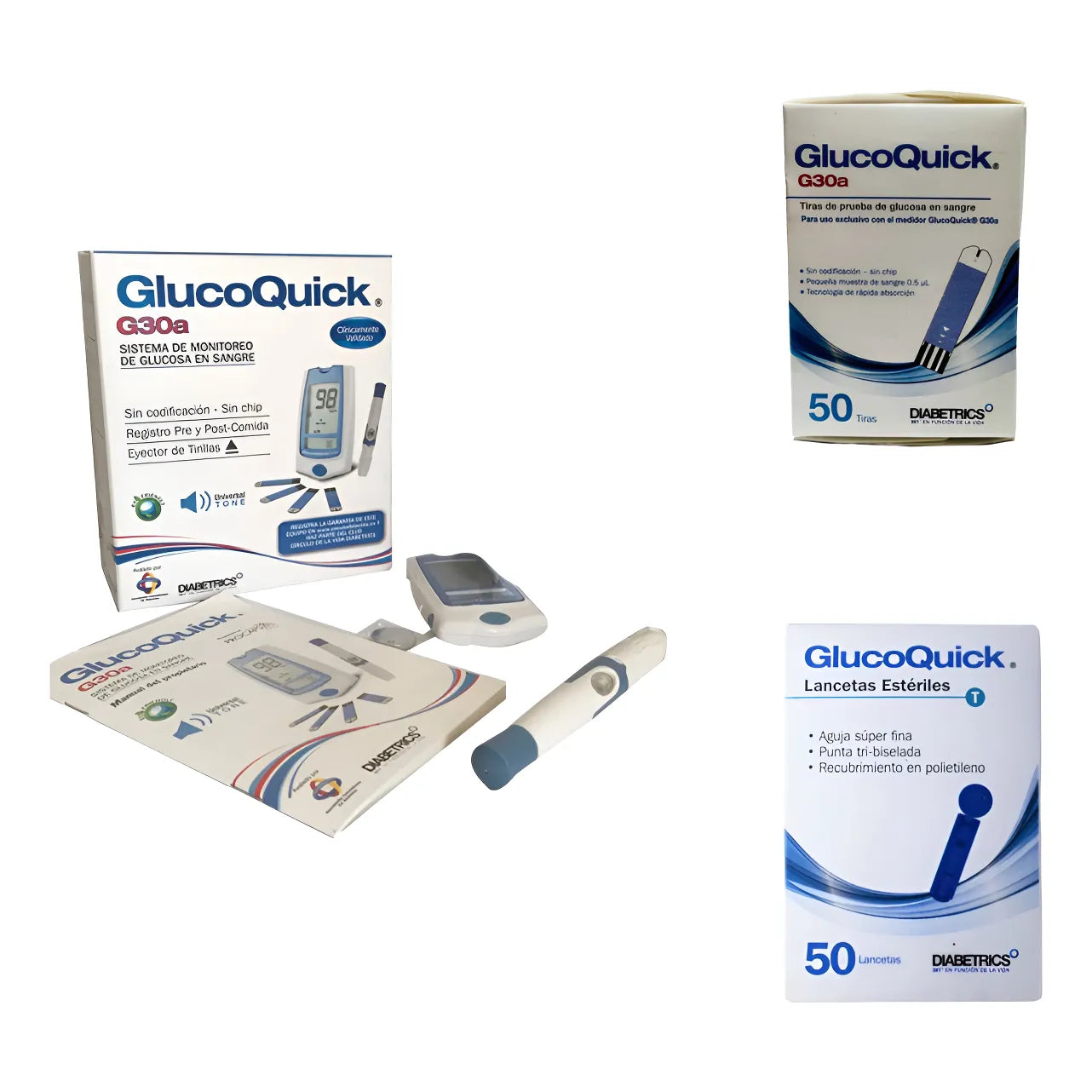 Glucometro Glucoquick G30a Kit Completo 50 Tiras Sin Codificacion Moni ...