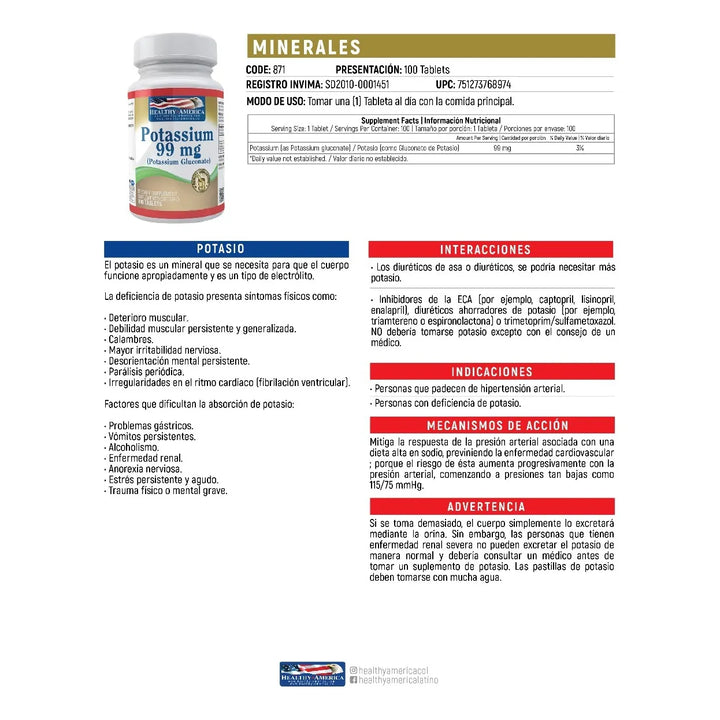 Potasio 99 Mg X100 Tabletas Healthy America Suplemento Nutricional Veg ...