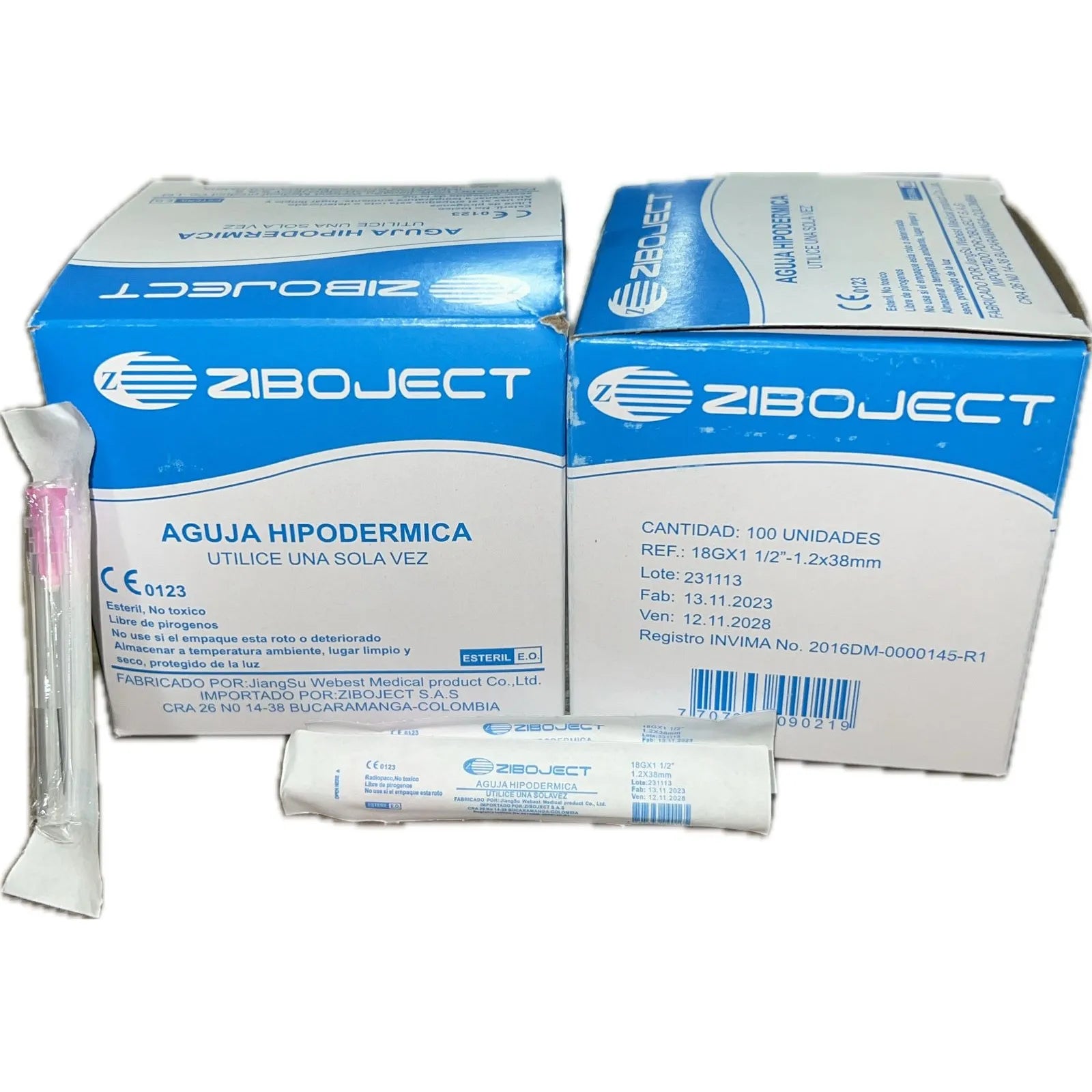Aguja Hipodérmica Ziboject 18G x 1 1/2 Caja x 100 Unidades Tribisel Pu ...