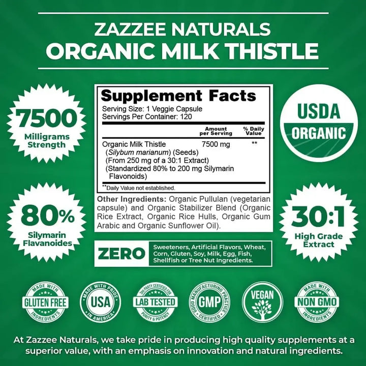 Cápsulas De Extracto De Cardo Mariano Orgánico 7500 Mg 120 U Zazzee Im ...