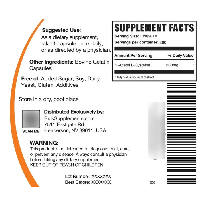 Nac N-Acetil L-Cisteína 600Mg Antioxidante BulkSupplements 360 Cápsula ...