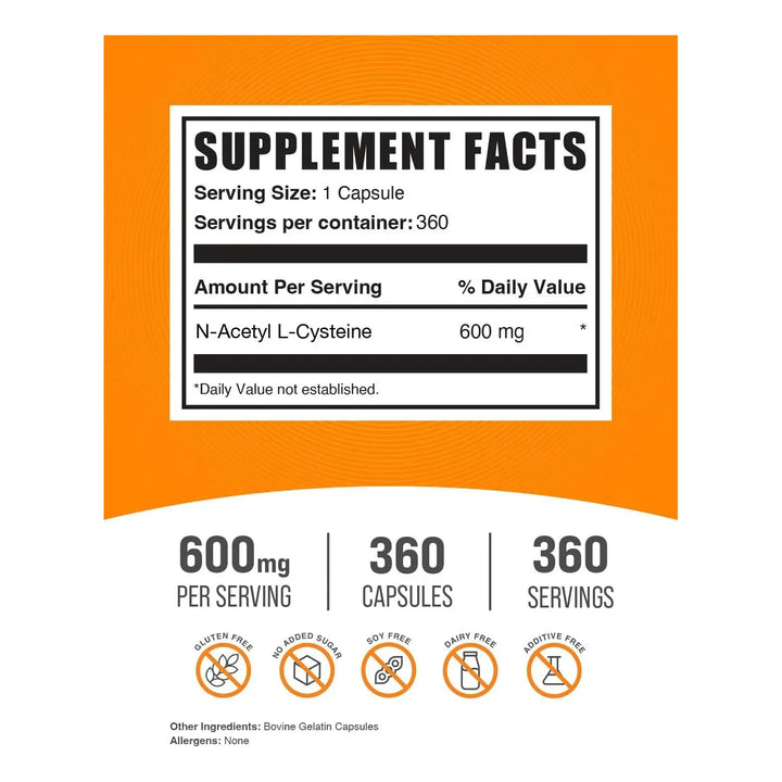 Nac N-Acetil L-Cisteína 600Mg Antioxidante BulkSupplements 360 Cápsula ...