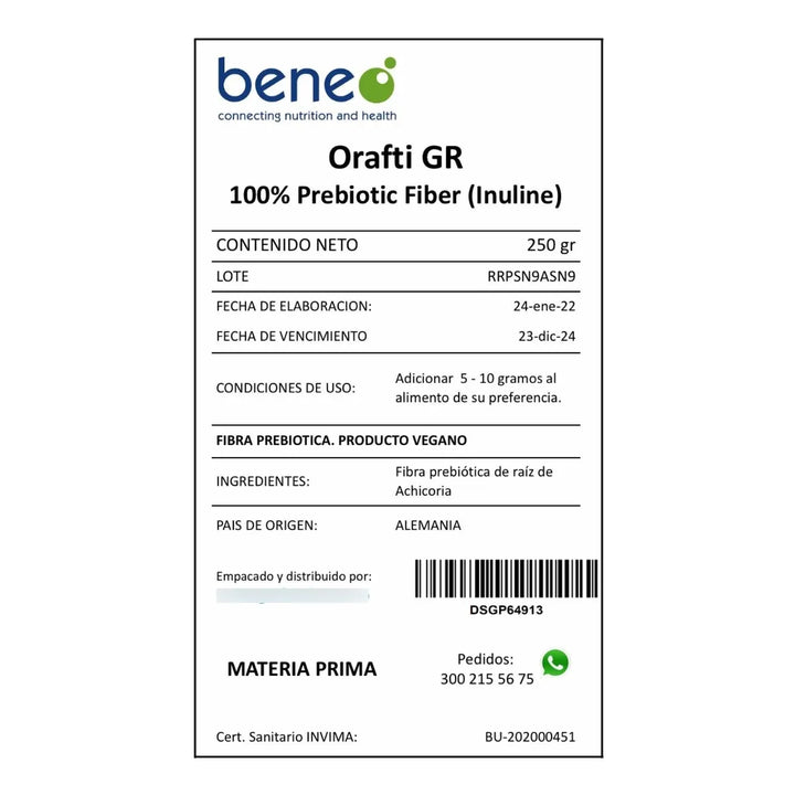 Fibra Prebiótica Inulina Orafti GR Beneo 250 Gr Sin Sabor Salud Digest ...